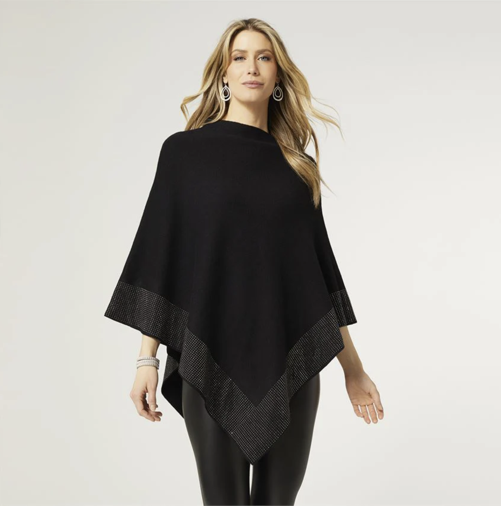 Tova Rhinestone Trim Poncho - Black - Linabella